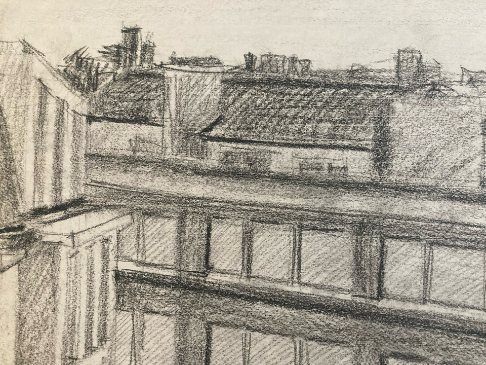 Beautiful Drawing Charcoal 1970 On Paper Paris Building,Rue | eBay