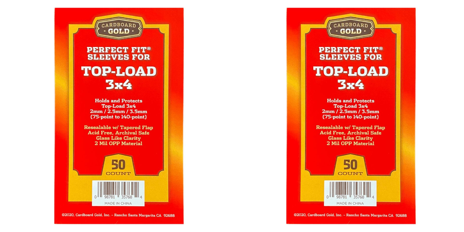 100 Cardboard Gold Perfect Fit Sleeves for Top-Load 3x4 from 75-140 Pt ...