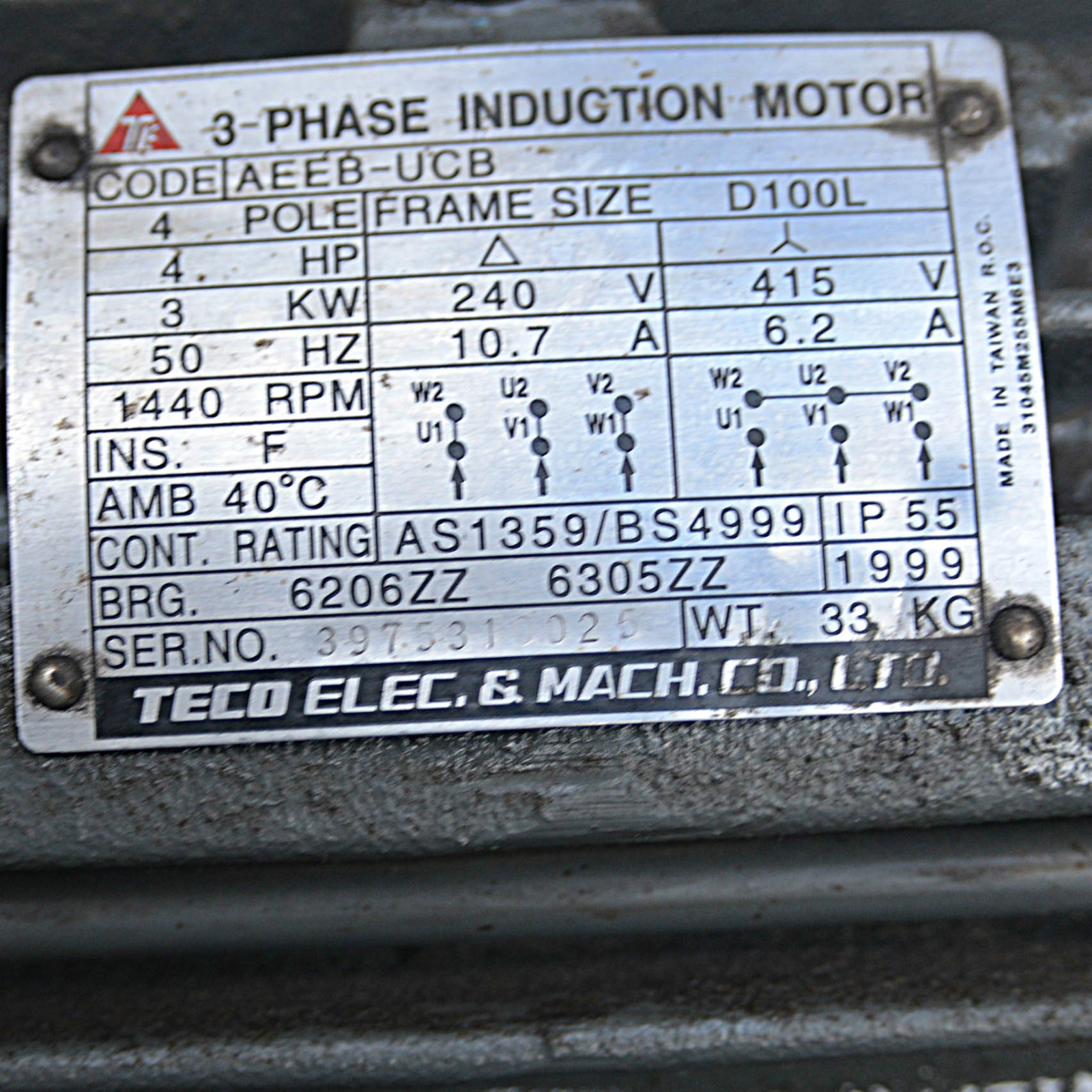 3 phase induction motor 3kW 1440rpm 4 pole Teco | eBay