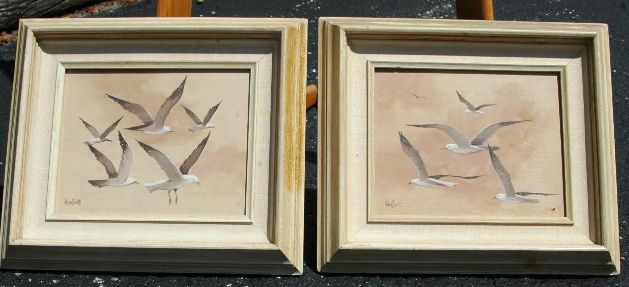 Pair of Oil On Board Paintings of Seagulls Listed Florida Artist Evelyn ...