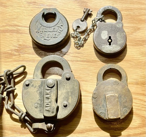 Assortment of 4 Vintage Padlocks, 2 Brass and 2 Steel Variety and one ...