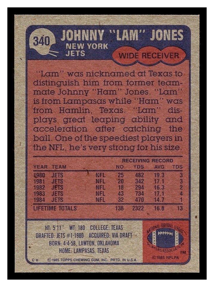 1985 TOPPS FOOTBALL JOHNNY LAM JONES #340 NEW YORK JETS HIGH GRADE ...