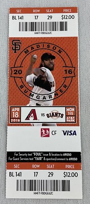 MLB 2016 04/18 Arizona Diamondbacks at SF Giants Full Ticket | eBay