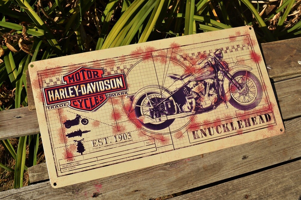 Harley Davidson Knucklehead Print Embossed Tin Metal Sign - EL - Bar ...