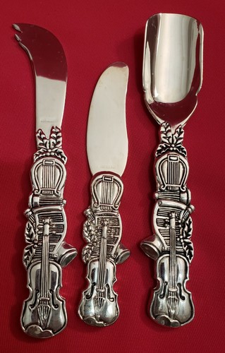 Vintage Godinger Silver Plate Cheese Serving Set Violin Harp Music 3 Pc ...