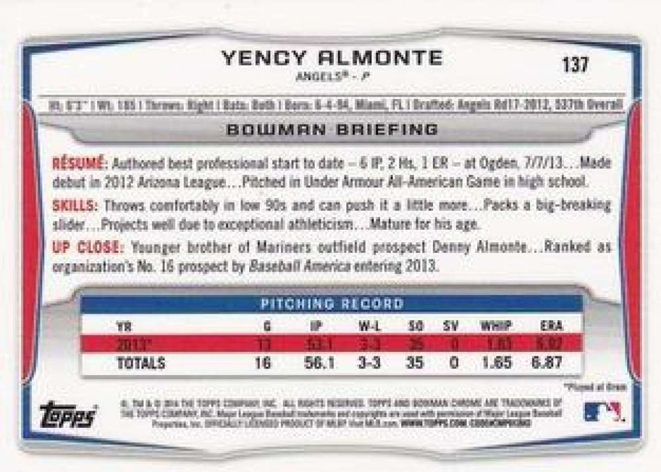 2014 Bowman Chrome Mini #137 Yency Almonte Angels NM-MT | eBay