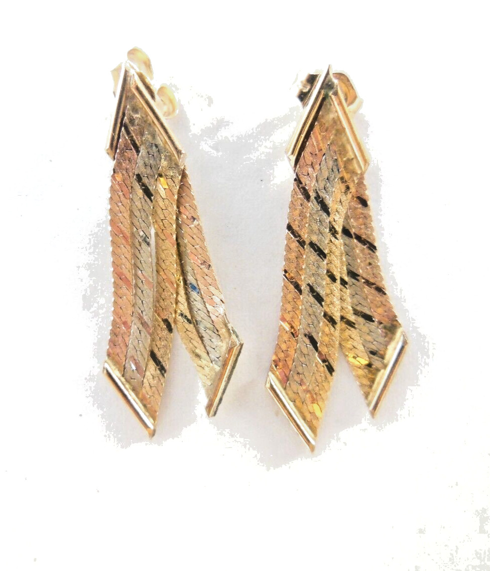 14K Tri-Colored Drop Style, V Shaped Earrings - Gem
