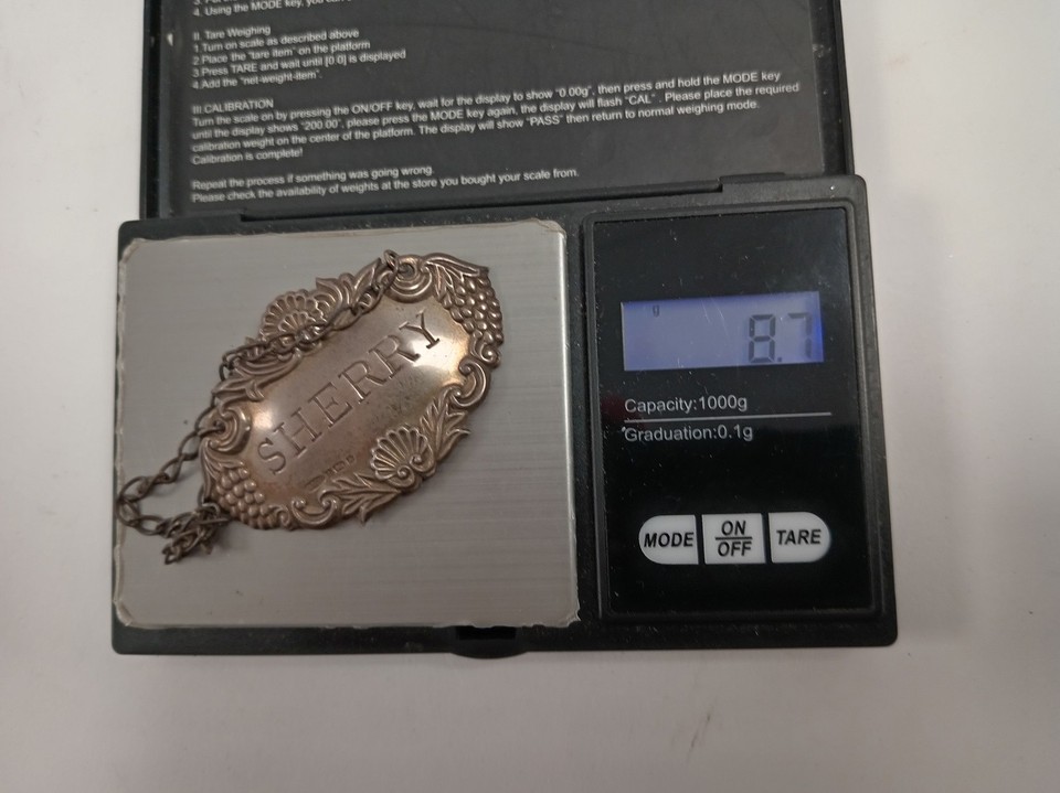 Vintage Sherry Solid Silver Decanter Label 8.7g Broadway & Co 1987 ...