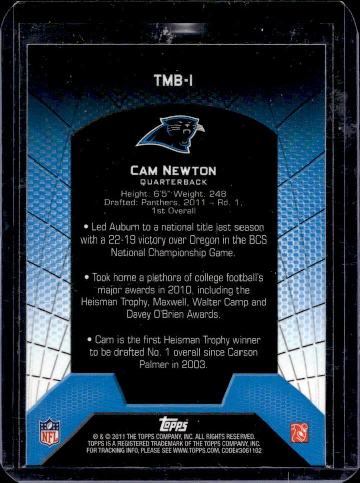 2011 Topps Cam Newton Rookie Refractors RC #TMB-1 Panthers | eBay