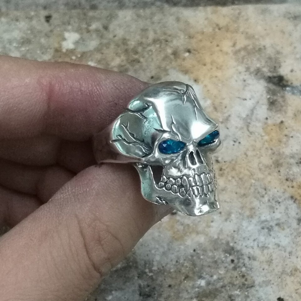 Handmade 925 Sterling Silver CZ Eyes Skull Ring Men Biker Punk Gothic ...