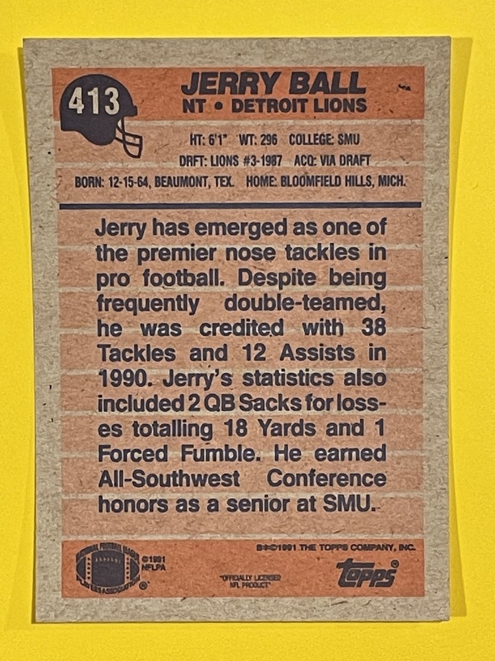 Jerry Ball 1991 Topps Base #413 Detroit Lions | eBay