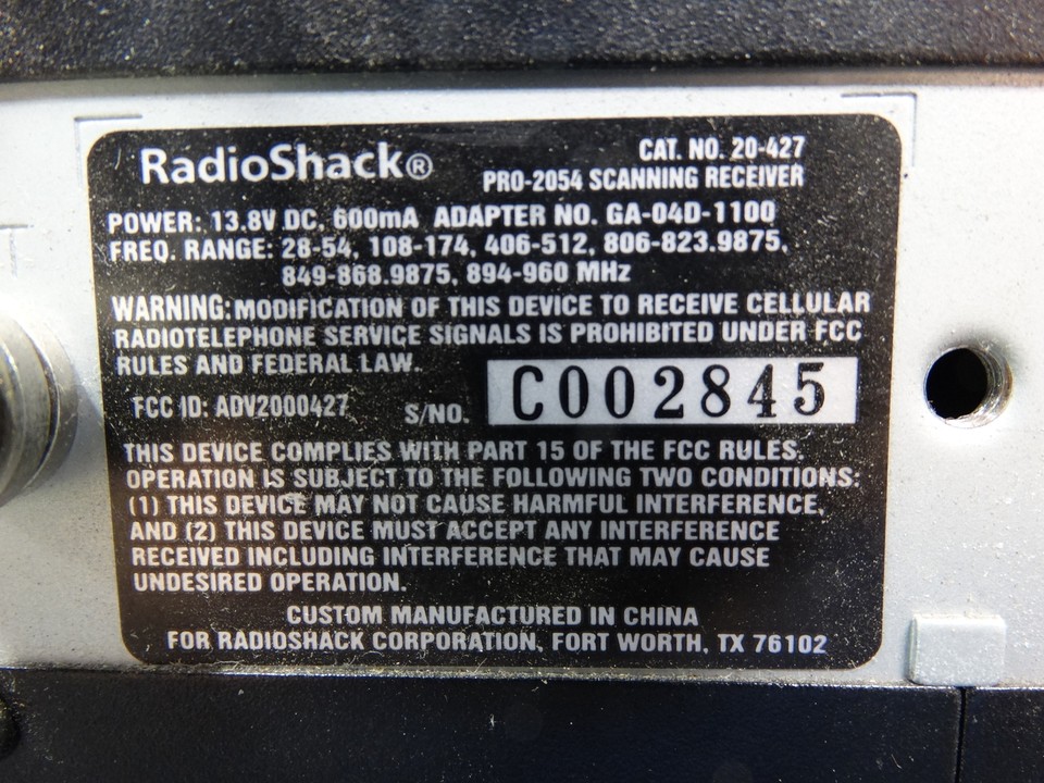 Radio Shack Pro-2054 300 Channel Analog Scanner 800MHz Non Trunking (No ...