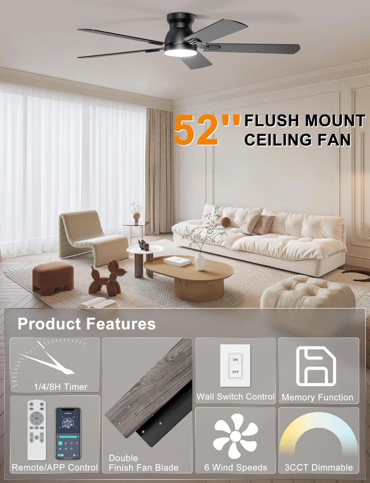 Ohniyou 52'' Low Profile Ceiling Fan with Lights Remote/APP Control ...