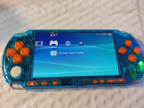 Sony PSP 3000 Console System Transparent Blue / Orange Buttons w ...