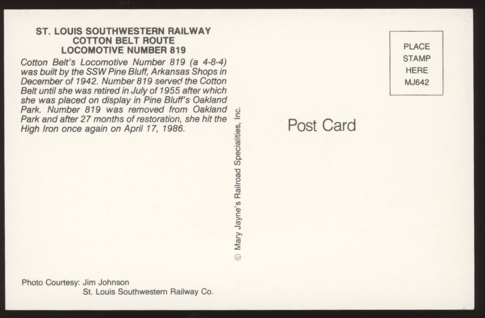 St. Louis Southwestern #819 Steam Locomotive Railway Railroad Train ...