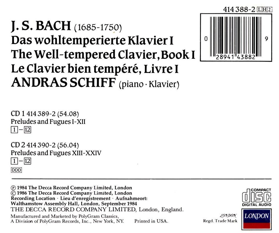 Bach: The Well-Tempered Clavier, Book I / Andras Schiff (2 CDs, 1987 ...