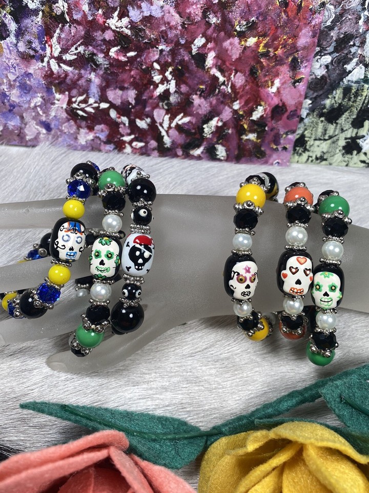 Day of Dead Bracelets Wholesale Lot 6 Glass Beaded Stretch Bracelet ...