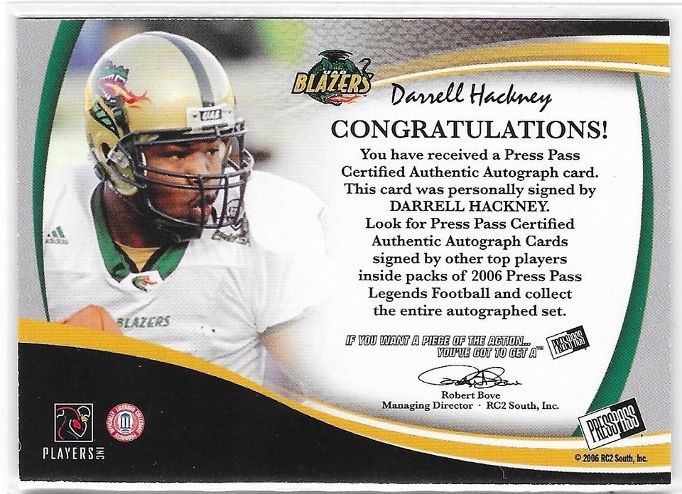 2006 PRESS PASS LEGENDS DARRELL HACKNEY ALL CONFERENCE ON-CARD AUTO ...