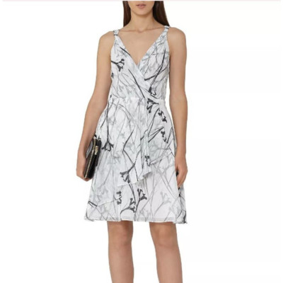 MINT *REISS* Women's Elsie Fit-and-Flare Printed B/W Faux Wrap Chiffon ...