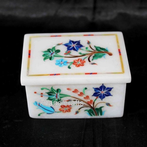 4x3 Inches Rectangle Marble Decorative Box Gemstone Inlay Work White ...