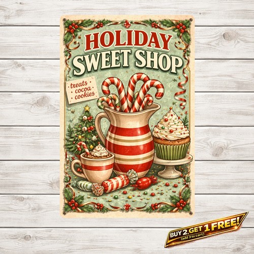 Peppermint Cafe Christmas Tin Sign Holiday Candy Cane Wall Decor 8x12 ...