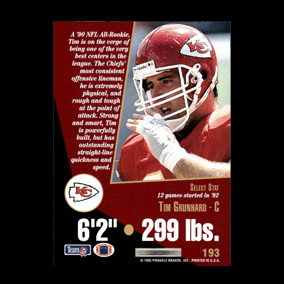 Tim Grunhard 1993 Select Kansas City Chiefs #193 R326E 68 | eBay