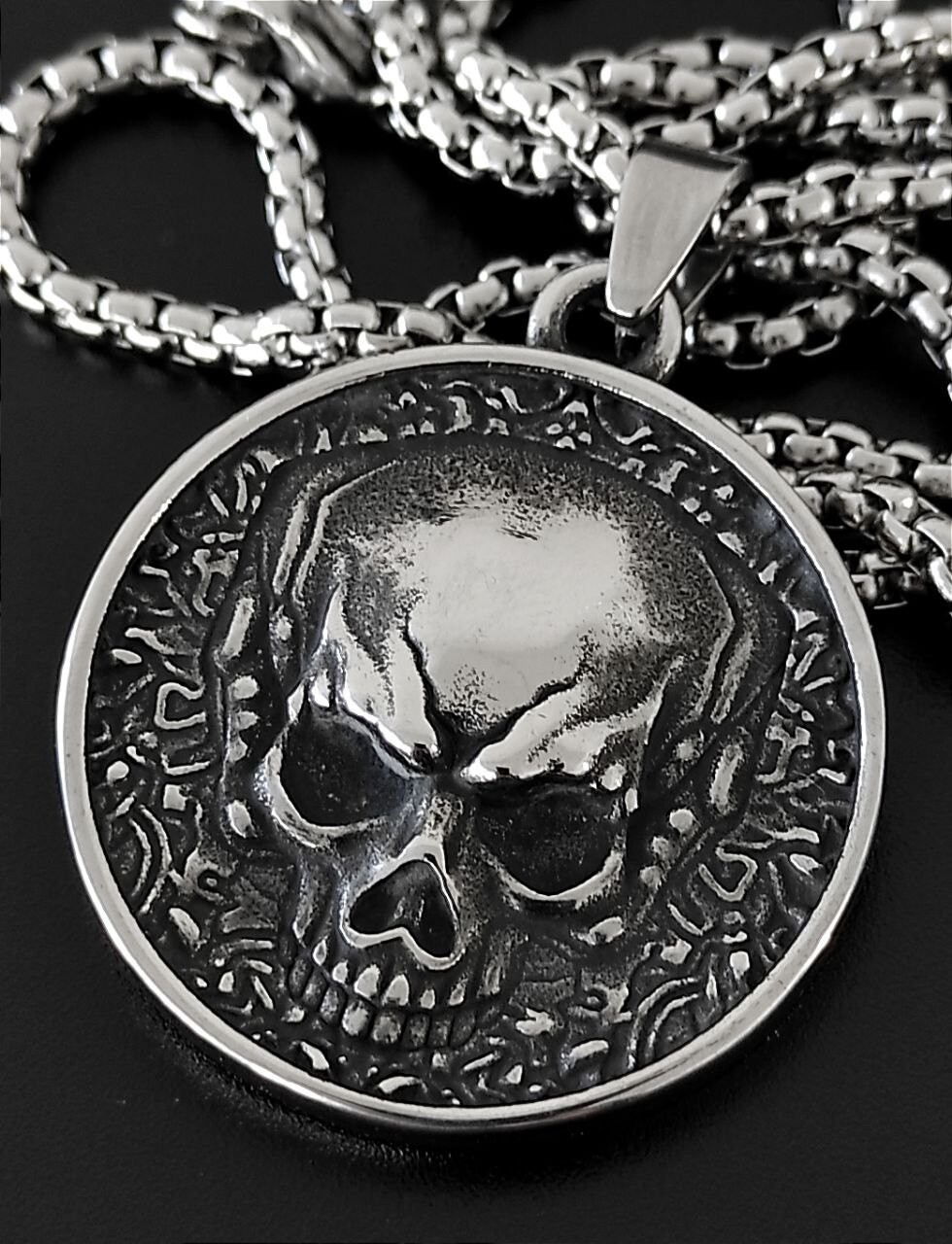 2 Seiten Skull Totenkopf Anhänger Münze Edelstahl Halskette Herren ...