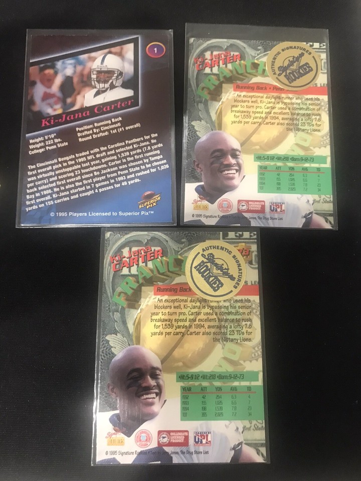 Ki-Jana Carter 1995 Rookie Auto 3 Card Lot Penn State /1000 /2575 NFL ...