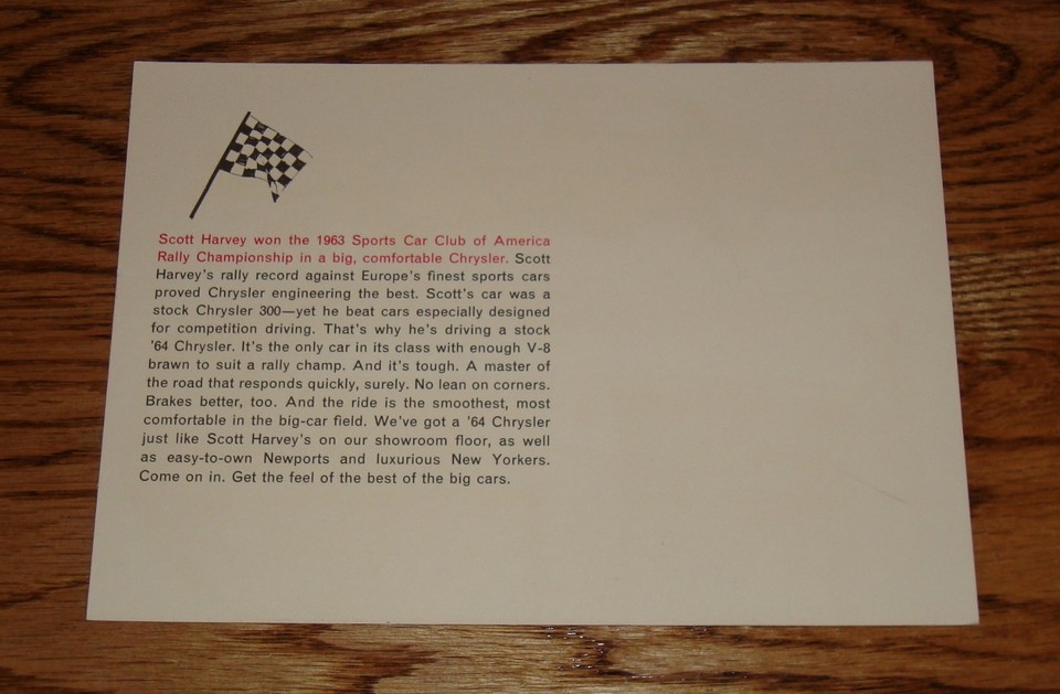 Original 1964 Chrysler Scott Harvey Rally Car Champ Brochure Postcard ...