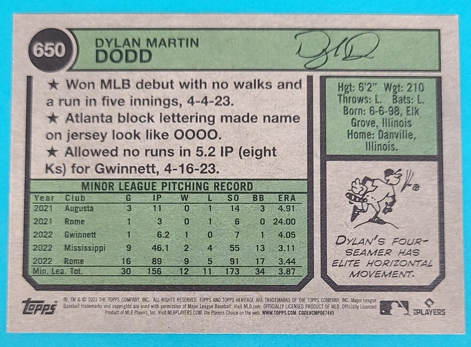 2023 Topps Heritage RC #650 Dylan Dodd Atlanta Braves BASEBALL Card N4 ...