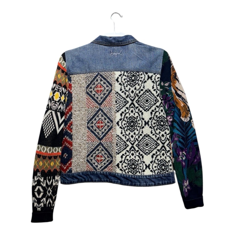 DESIGUAL ICON DENIM KNIT PATCHWORK WOMENS JACKET MULTICOLOR LONG SLEEVE ...