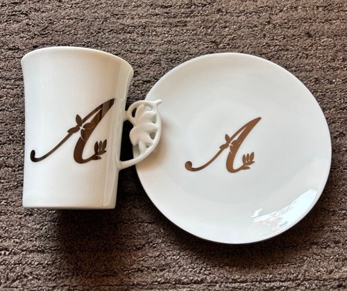 ANNIVERSAIRE Teacup and Saucer Set, Initial A, White with Silver Logo ...
