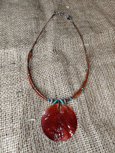 Painted Shell Necklace with Wood and Turquoise Coloured Seed Beads Boho ...