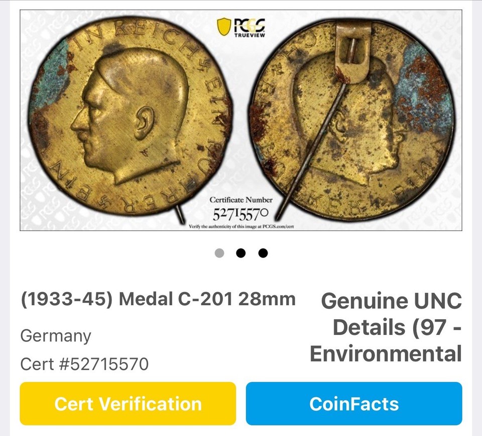 1933-45 Germany Third Reich PCGS Medal Graded Genuine UNC Detail, C-201 ...