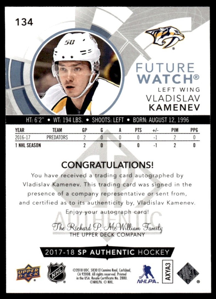 2017-18 Upper Deck EXCLUSIVES /100 Vladislav Kamenev Rookie Auto 115/ ...