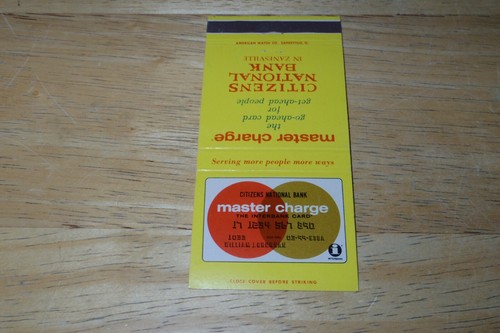Vtg Citizens National Bank Zanesville Ohio Master Charge Card Matchbook ...