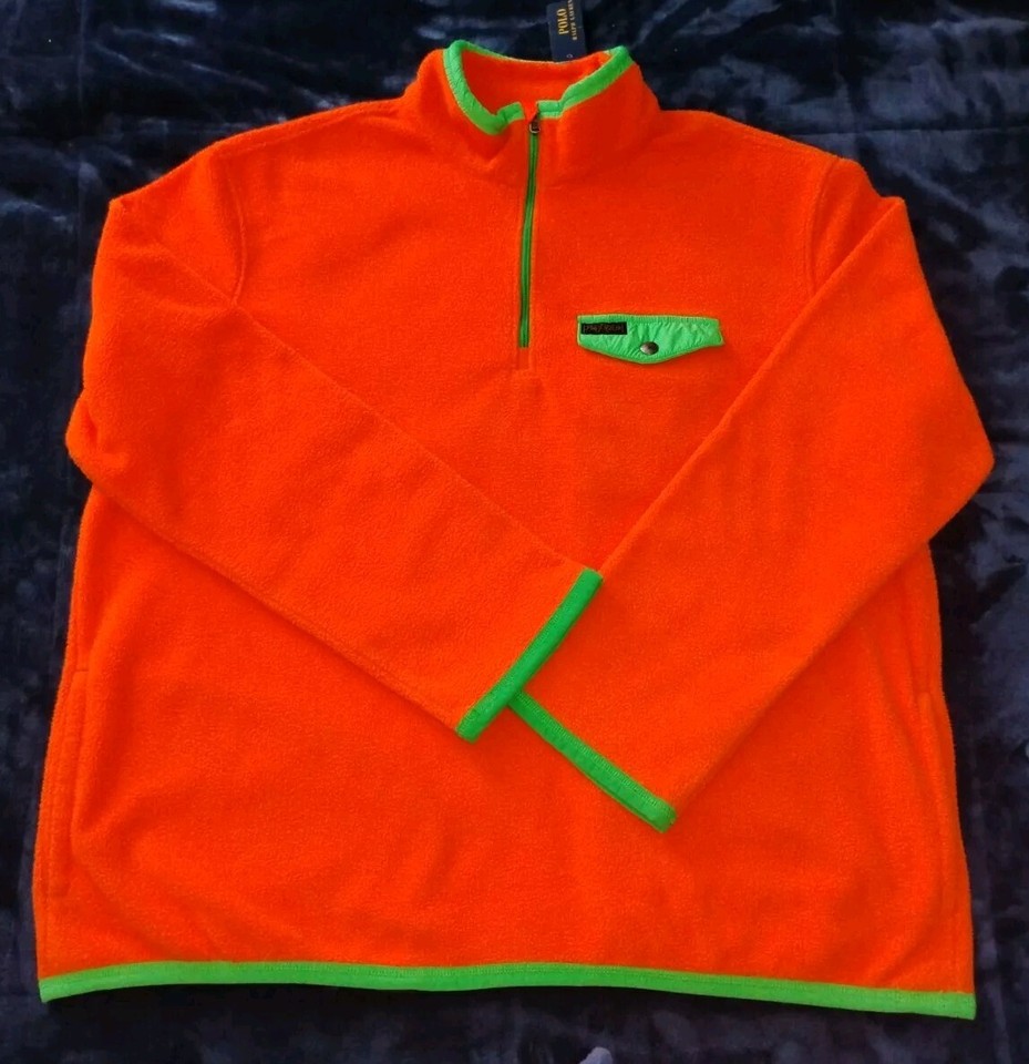 Polo Ralph Lauren Orange Fleece Pullover Sweater W Green Trim 1/4 Zip ...