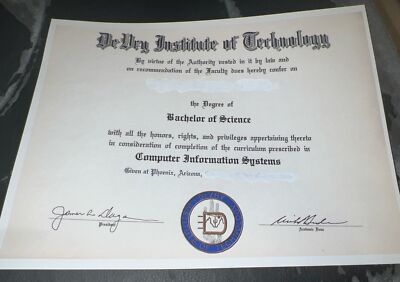Reproduction Of “ DeVry Institute Of Technology “ College Diploma ...