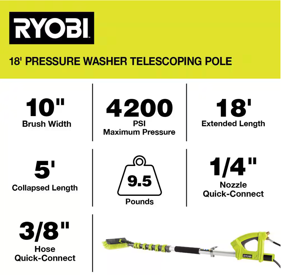 Ryobi 18 ft. Extension Pole with Brush for Pressure Washer 46396023223 ...