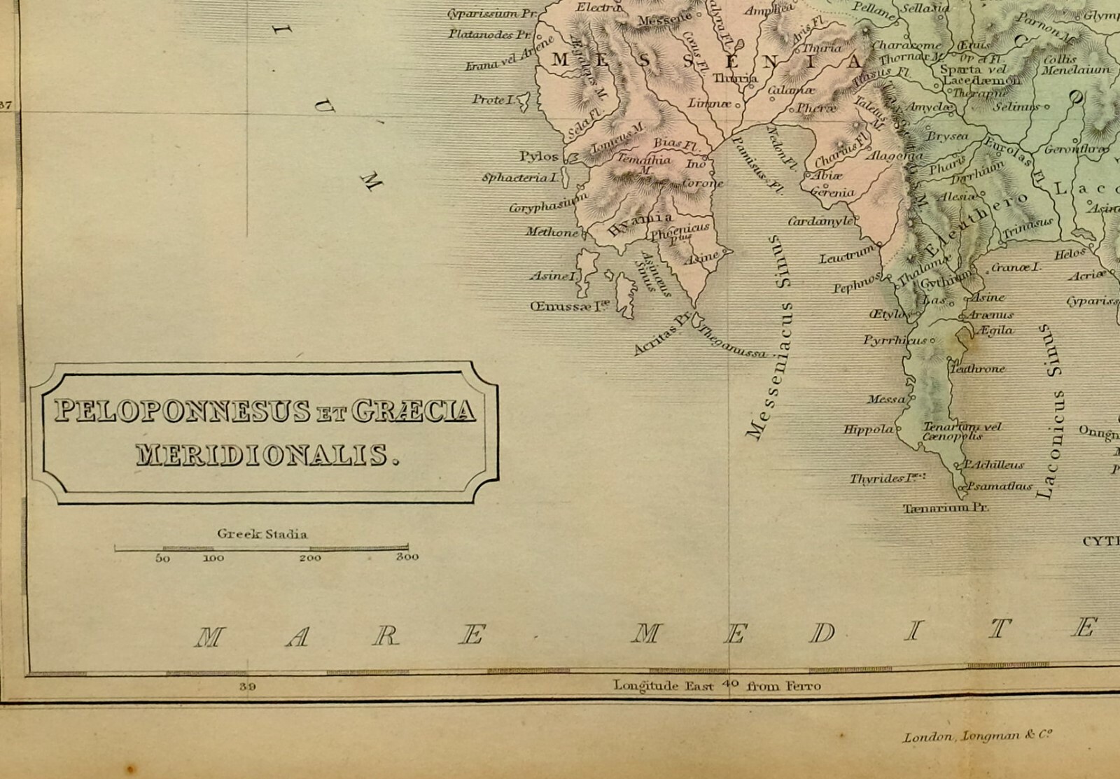 1851 HAND COLOURED ANCIENT MAP PELOPONNESUS GRAECIA MERIDIONALIS ...