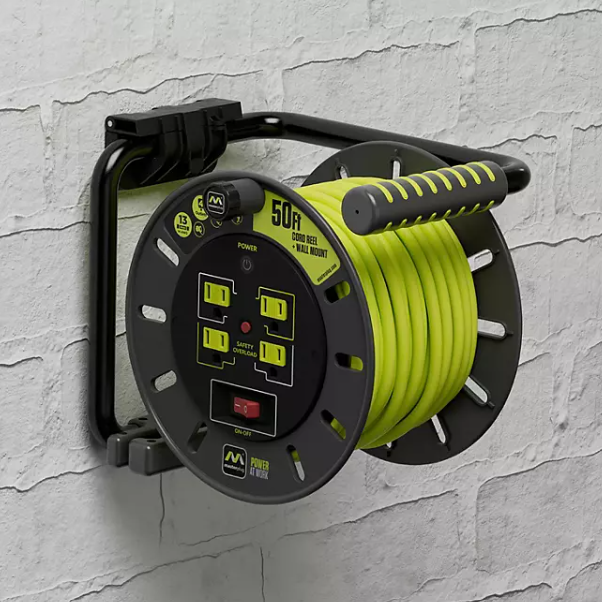 Masterplug 50ft Extension Cord Reel with 4 Sockets and Wall Mount, 13A ...