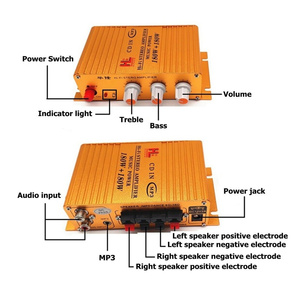 12V 360W Car Mini Hi-Fi Stereo Audio Power Amplifier AUX MP3 Player ...
