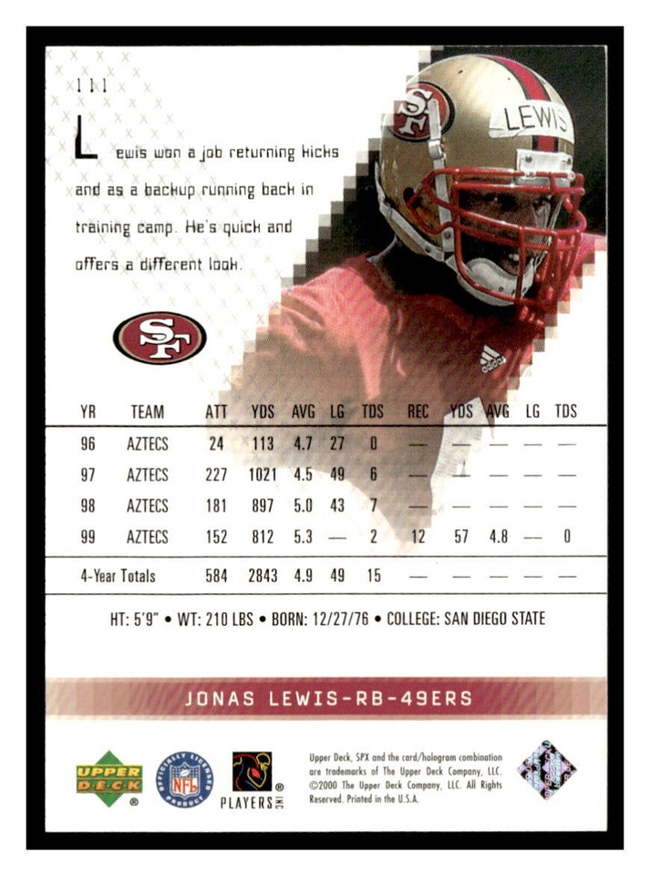 Jonas Lewis 2000 SPx 111 RC, SN1350 Rookie | eBay