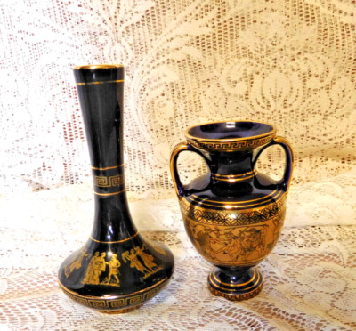 2 Hand Made Greek ~ Made in Greece Vases ~ Painted In 24K Gold Trim ...