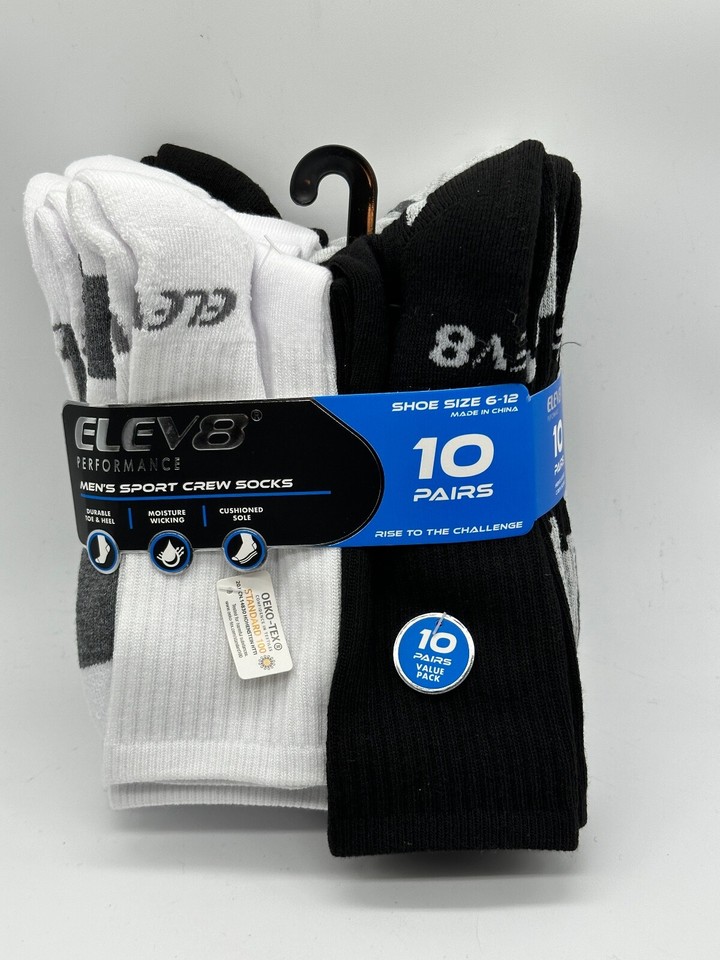 10 PAIR PACK ELEV8 MENS PERFORMANCE SPORT CREW SOCKS SIZE 6-12 ...
