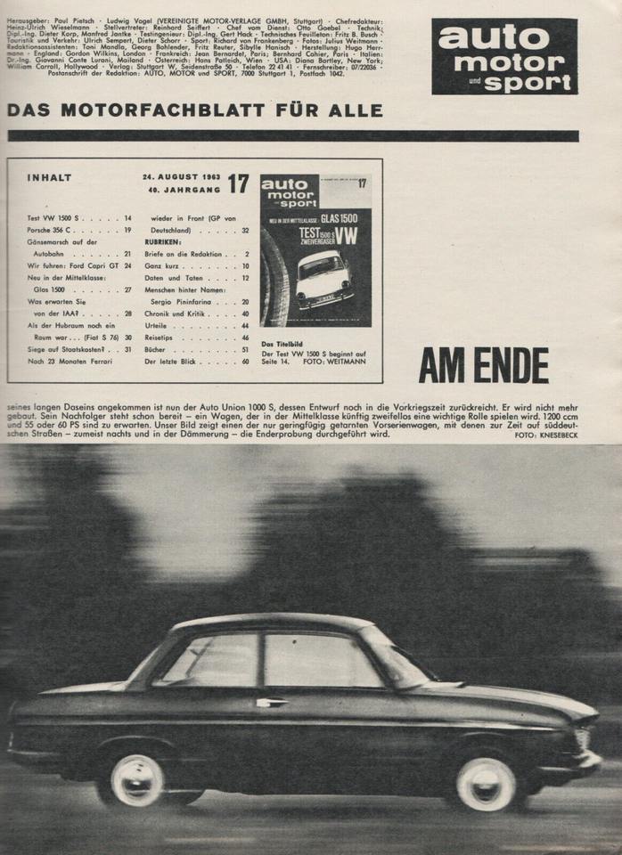 auto motor sport Heft 17 4.August 1963 Test VW 1500S Glas 1500 Ford ...