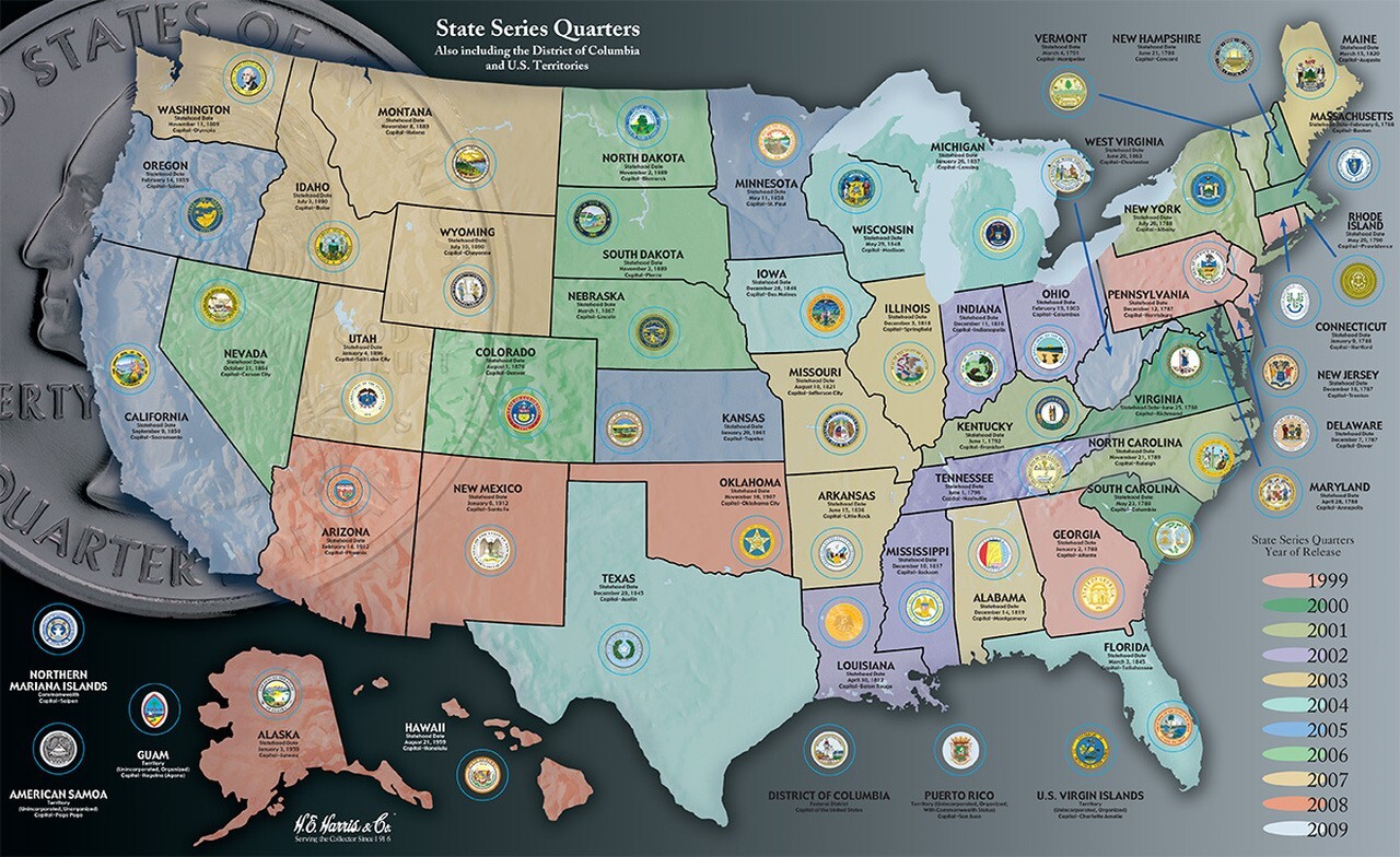 2 US Quarters Coin Map State Series Collector Gift 2 Display Maps Lot ...