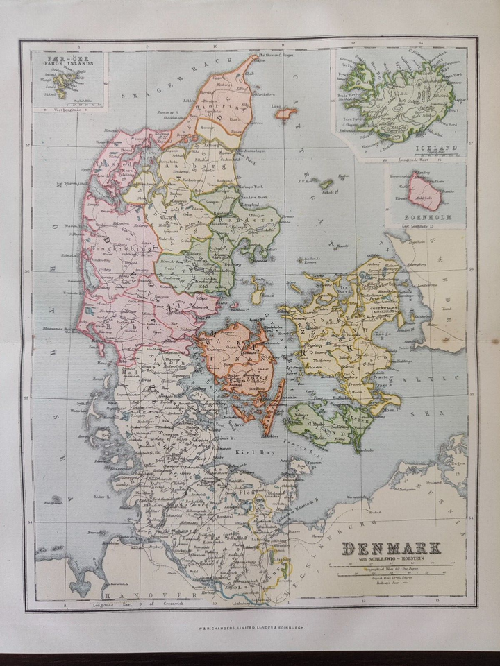 VINTAGE ORIGINAL COLOUR MAP-GENERAL/POLITICAL MAP-DENMARK-1906-1908 ...