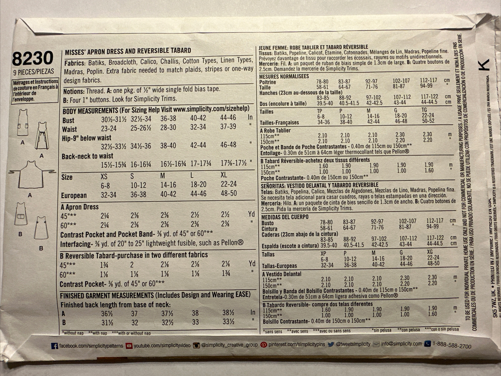Simplicity 8230 Misses Dottie Angel Apron Dress Tabard Frock Sewing ...