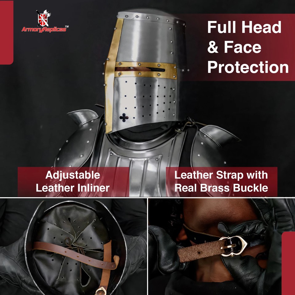 Medieval Great Bucket Helm Knights 20G Steel Templar Crusader Helmet 13 ...